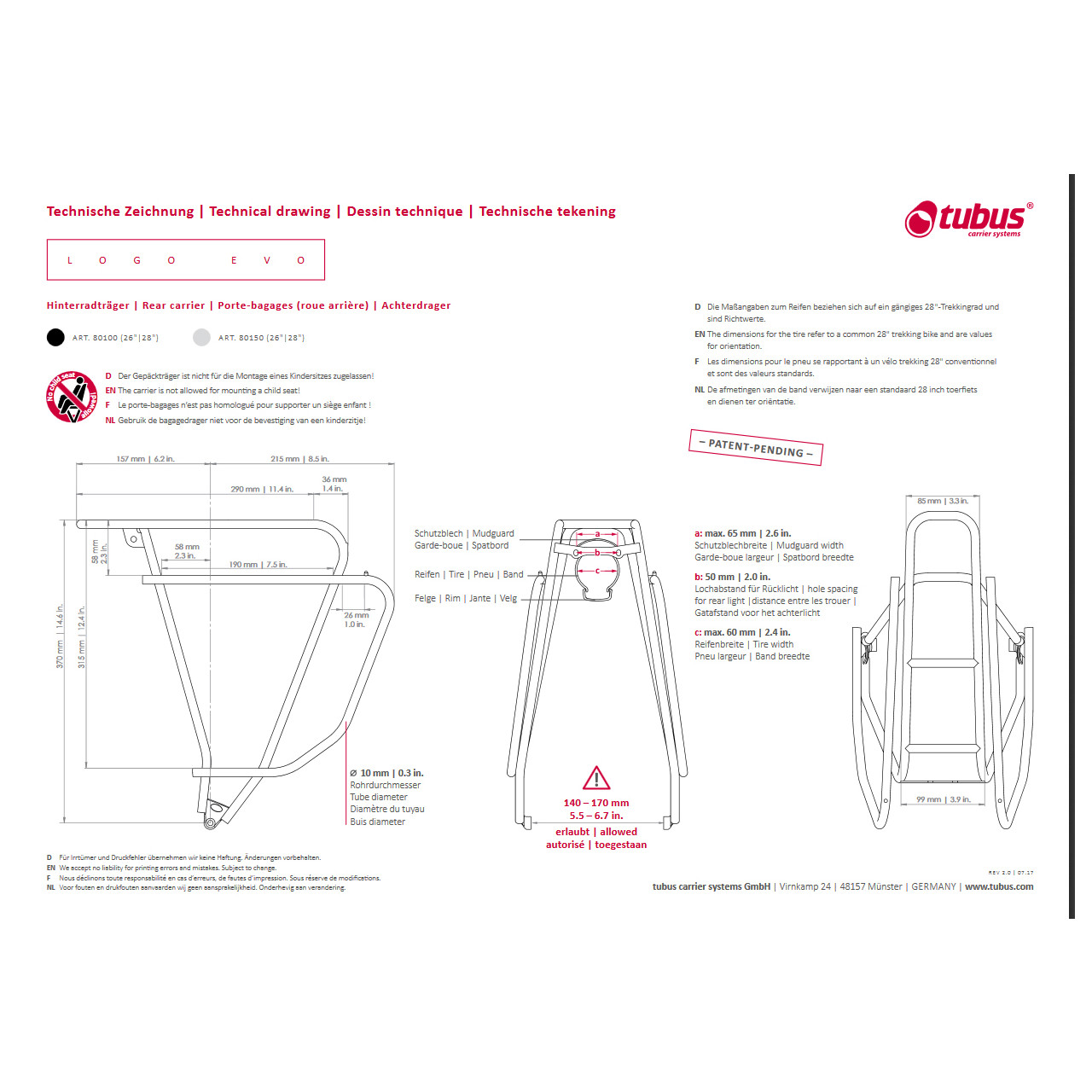Tubus - Logo Evo Gepäckträger - 26"/28", 119,90